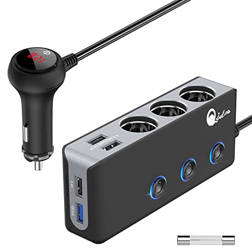 Quick Charge 3.0 Cigarette Lighter Splitter, Qidoe 3 Socket 180W Cigarette Lighter Adapter with 4 USB Fast Charging, DC 12V/24V Cigarette Outlet LED Voltmeter Independent Button for All Car Devices