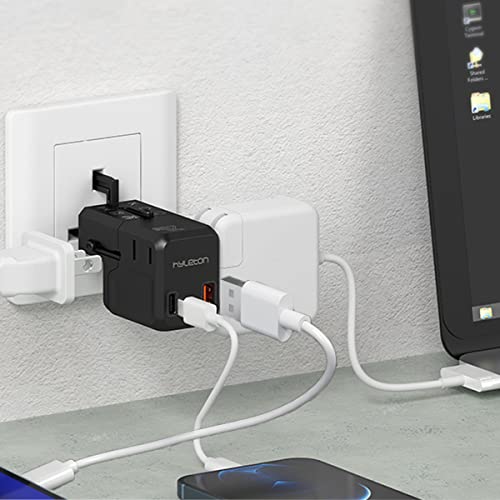 hyleton Universal Travel Adapter,20W USB C Charger Fast Charging PD QC 3.0 Port,European Travel Plug Adapter with 2 USA Socket,Includes Type A,C,G,I International Power Plug for US EU UK AUS (Black)