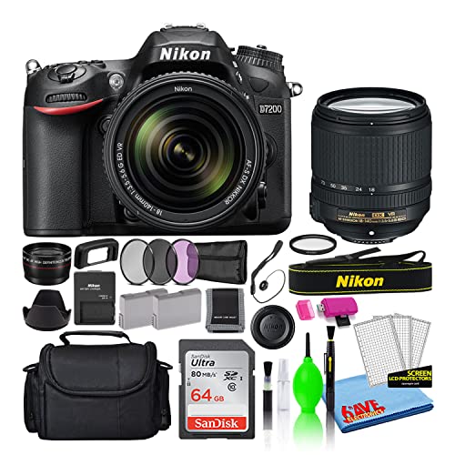 Nikon D7200 24.2MP DSLR Digital Camera with 18-140mm VR Lens (1555) Deluxe Bundle with 64GB SD Card + Large Camera Bag + Filter Kit + Spare Battery + Telephoto Lens (Renewed)