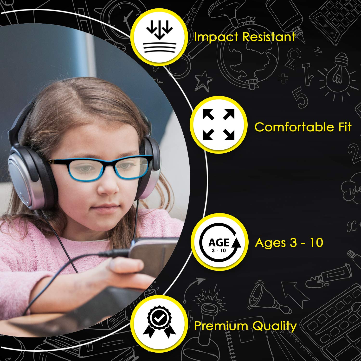 Optix 55 Kids Blue Light Blocking Glasses - Anti Eyestrain - Computer Video Gaming Eyeglasses for Boys & Girls - Bendable & Unbreakable Flexible Blue Square Frame Eye Glasses (Blue)