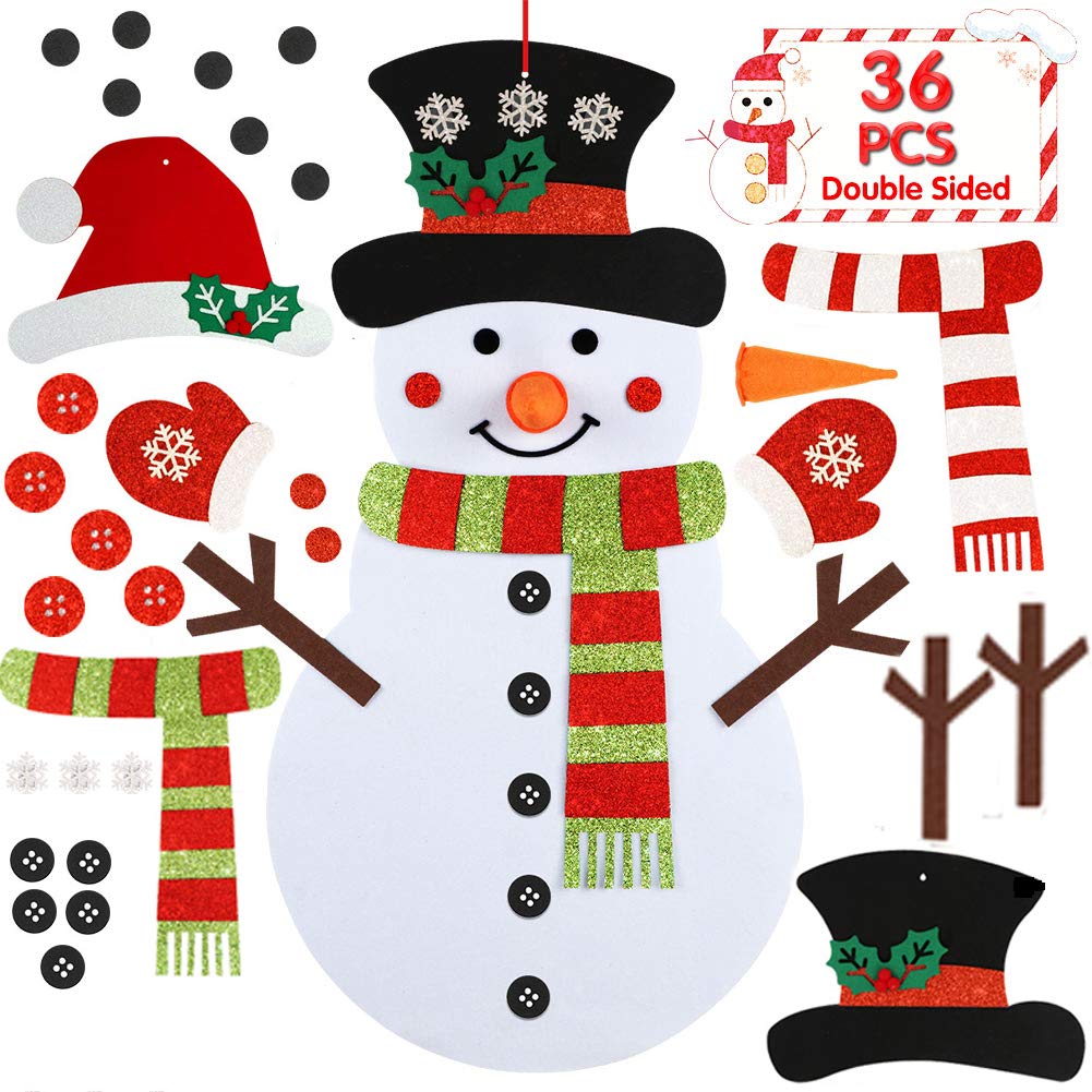OurWarm Felt Snowman for Kids Wall, 3.2Ft Double-Sided DIY Felt Christmas Snowman Set with 35 Glitter Detachable Ornaments Xmas Gift for Toddlers Kids Christmas Home Door Wall Hanging Decorations