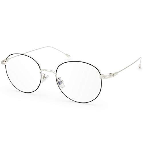 livho Blue Light Blocking Glasses, Retro Round Fake Eyeglasses Frames Anti UV Ray Filter Computer Gaming Glasses Women Men (Silver Black Frame,Transparent lens)