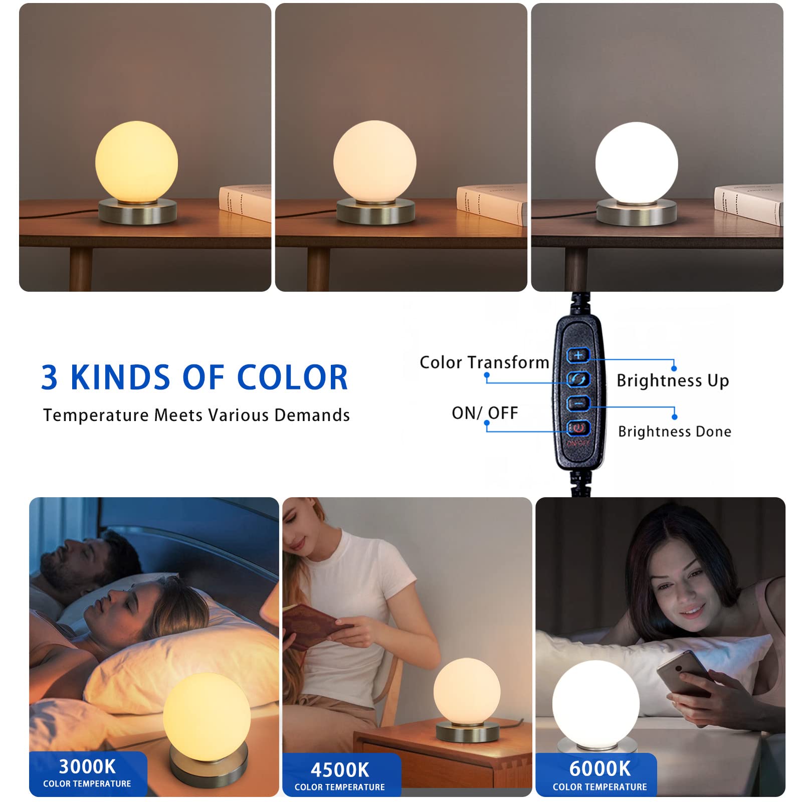 Small Table Lamp, LED Table Lamp with Eye-Caring Glass Lampshade Desk Lamp Dimmable 3 Color Changing, 10 Brightness Levels Reading Table Lamp Warm & White Nightstand Lamp with Memory Function