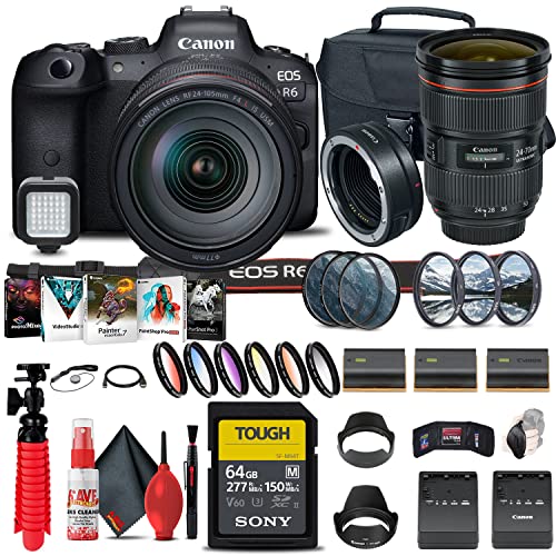 Canon EOS R6 Mirrorless Digital Camera with 24-105mm f/4L Lens (4082C012) + Canon EF 24-70mm Lens + Mount Adapter EF-EOS R + 64GB Tough Card + Color Filter Kit + Case + Filter Kit + More (Renewed)