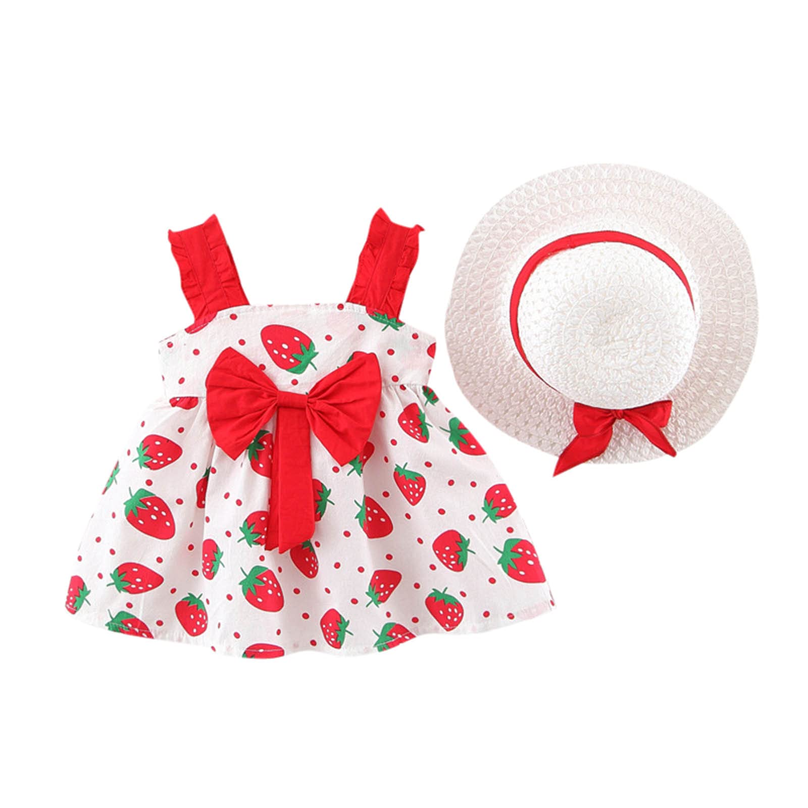 Gifts for One Year Old Girl Print Baby Clothes Princess Outfit Hat Girls Dress Suspenders Strawberry (Red, 18-24 Months)
