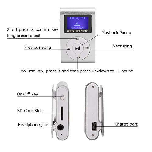 Portable Mini MP3 Music Player, 0.8inch LCD Screen Sports Back Clip MP3 Player Support Memory Card, Mini Digital Music Player for Adult Student(Silver)