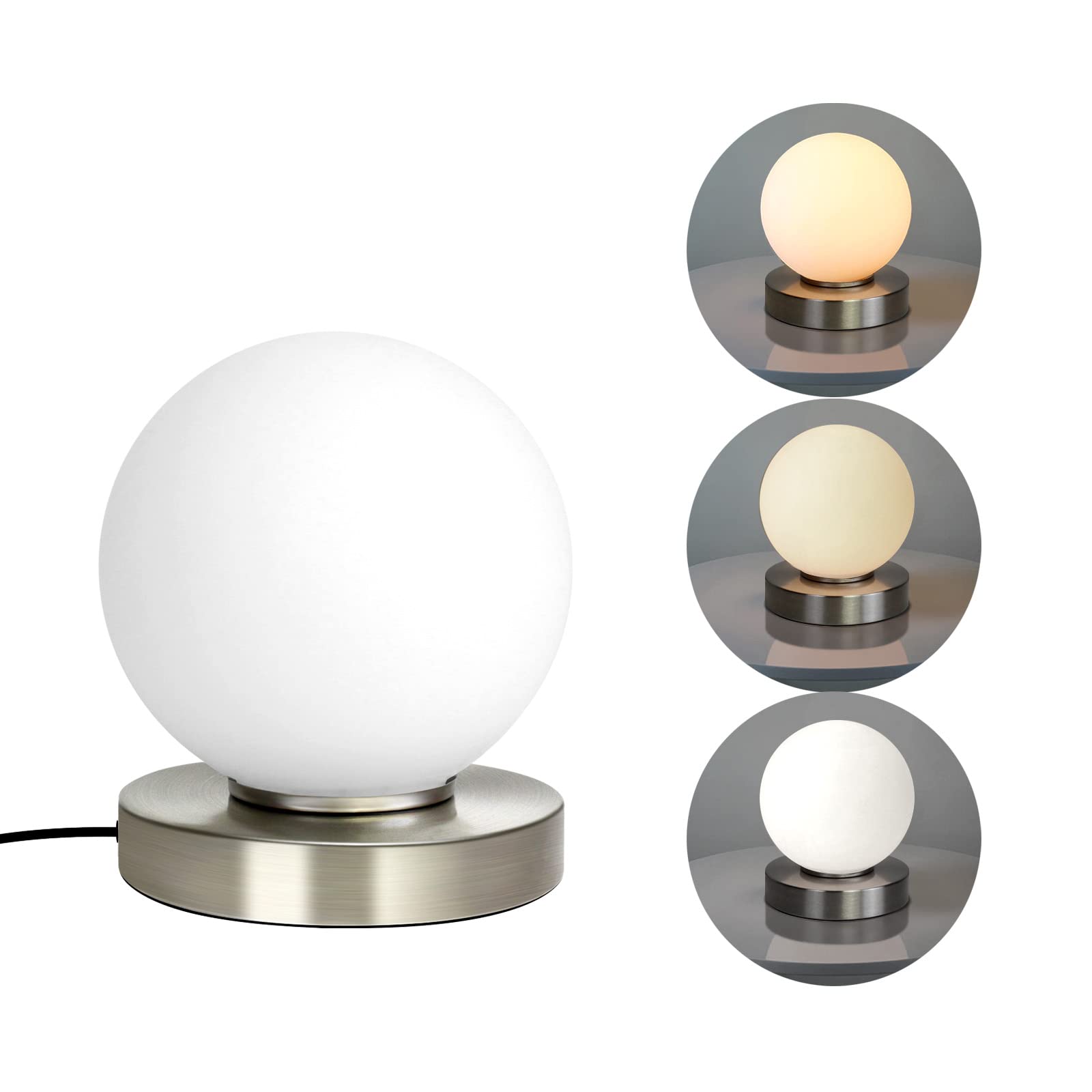 Small Table Lamp, LED Table Lamp with Eye-Caring Glass Lampshade Desk Lamp Dimmable 3 Color Changing, 10 Brightness Levels Reading Table Lamp Warm & White Nightstand Lamp with Memory Function