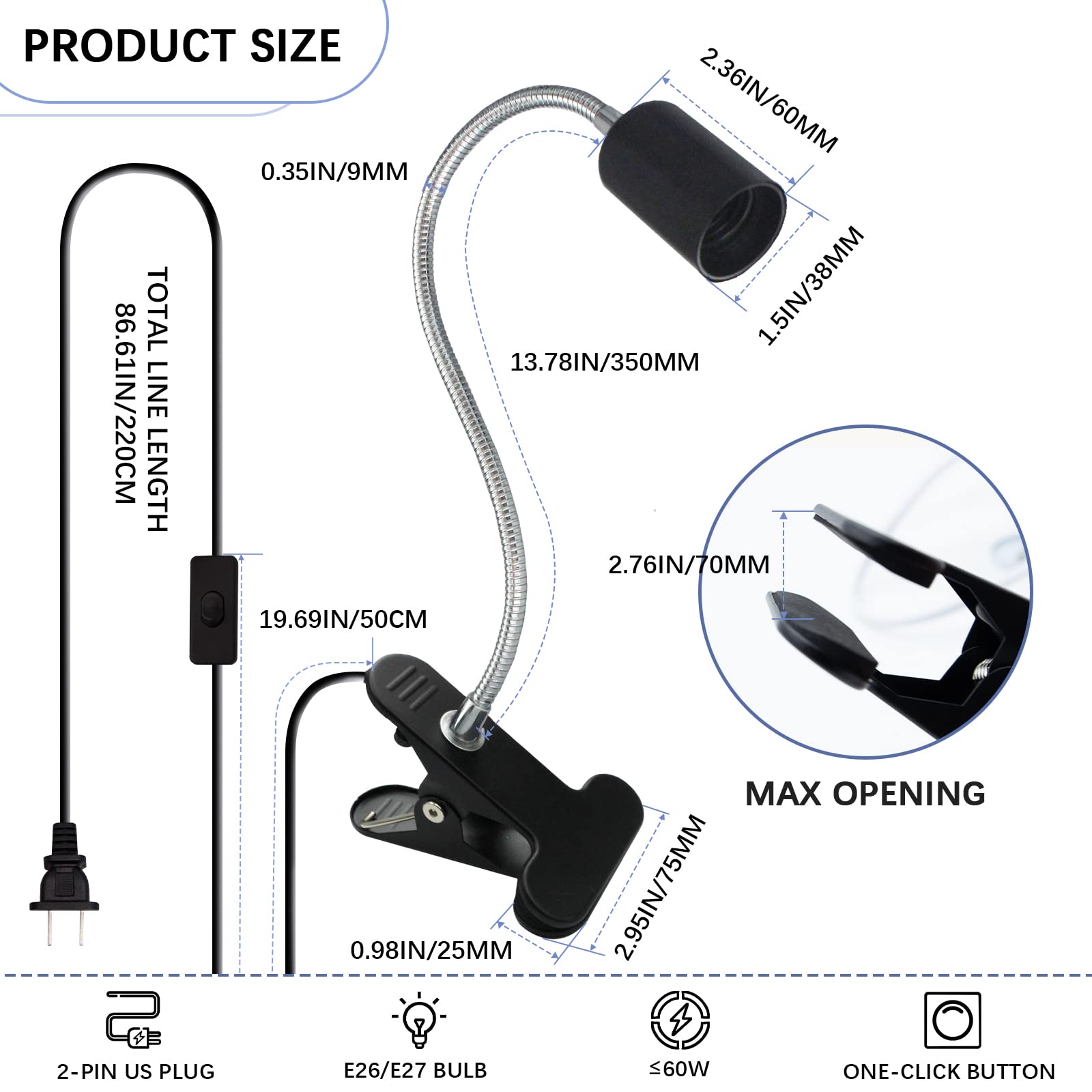 ZHGYNAWE Clip on Desk Lamp Holder,2Pcs 86.6In Wire Reading Light Stand Clamp Fixture E27 Bulb Socket Extender 360° Adjustable Gooseneck Night Lamps with Studio-Black