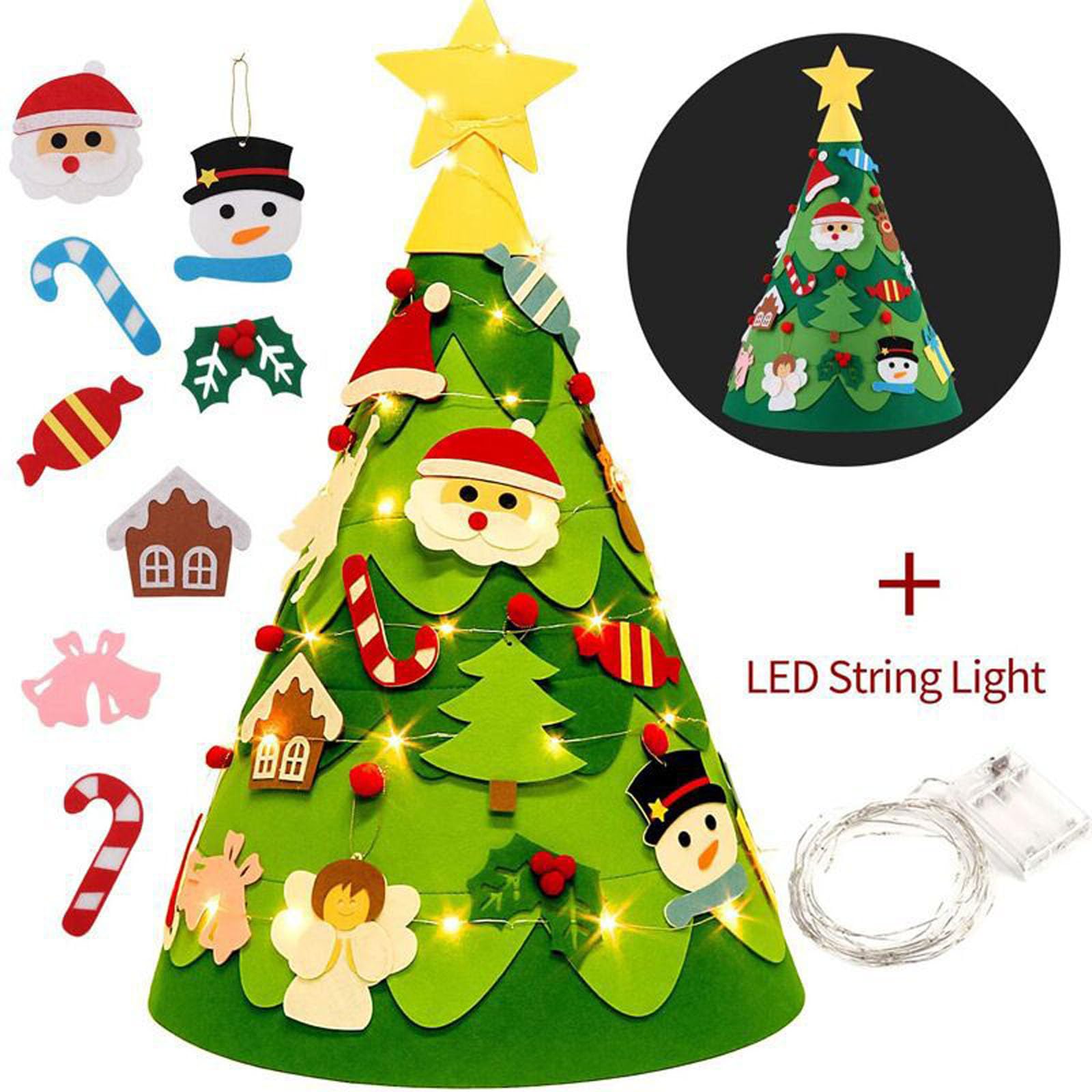 3D DIY Felt Christmas Tree for Kids,with 18 Pcs Christmas Hanging Ornaments 9.8 Ft LED String Light, for Kids New Year Christmas Decorations (Bring LED Light)
