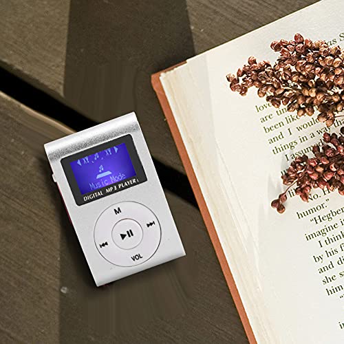 Portable Mini MP3 Music Player, 0.8inch LCD Screen Sports Back Clip MP3 Player Support Memory Card, Mini Digital Music Player for Adult Student(Silver)