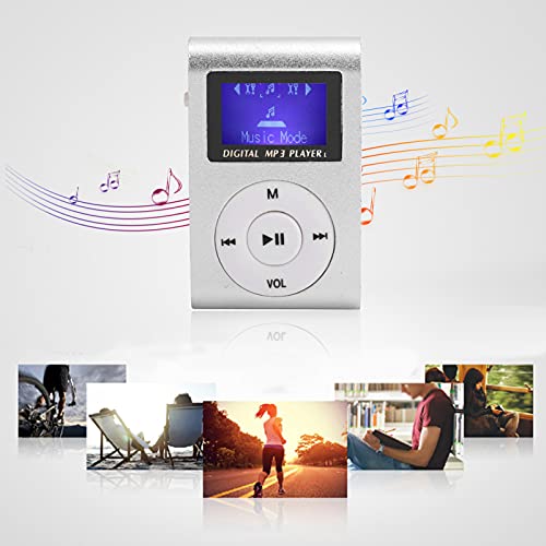 Portable Mini MP3 Music Player, 0.8inch LCD Screen Sports Back Clip MP3 Player Support Memory Card, Mini Digital Music Player for Adult Student(Silver)