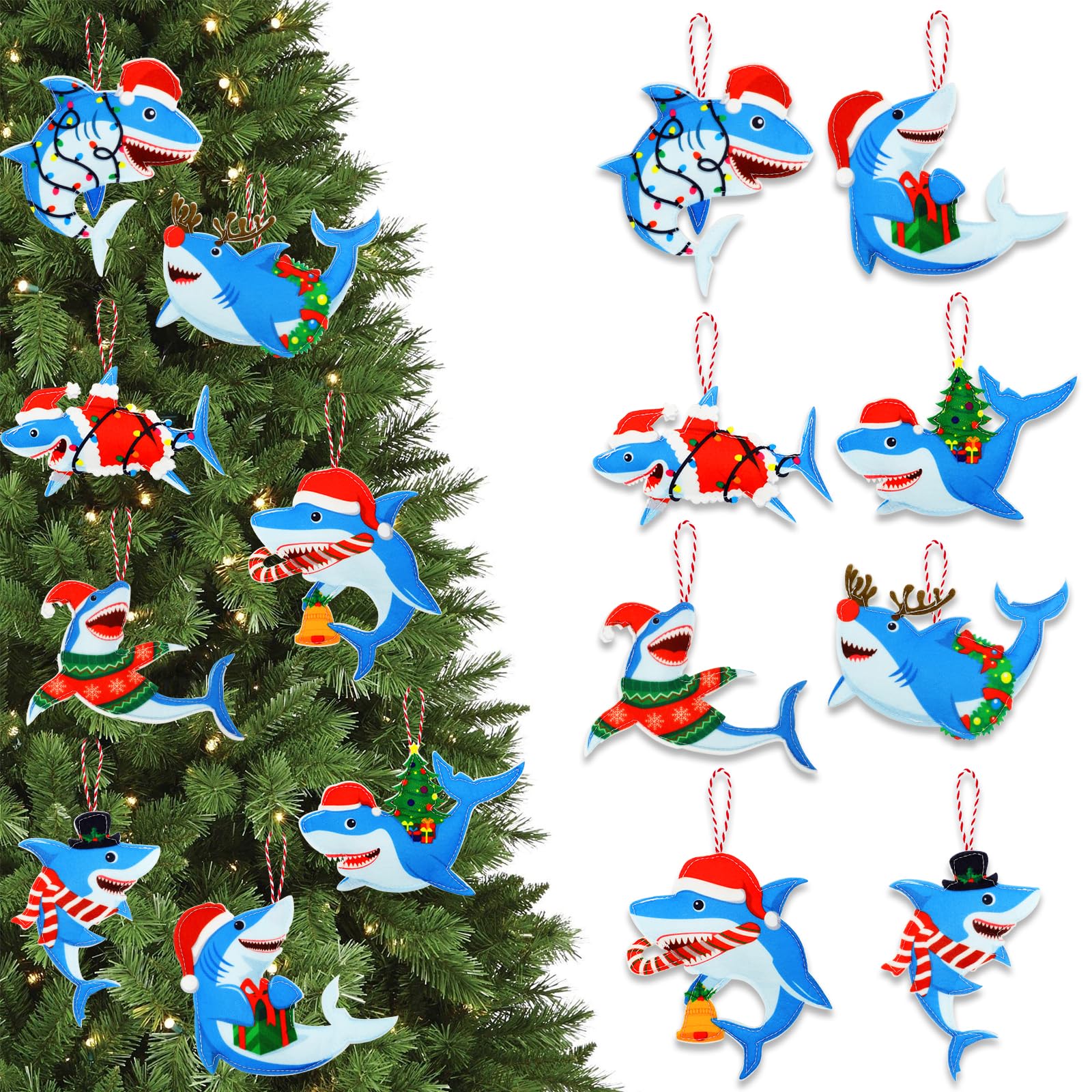 Vansolinne Shark Christmas Tree Ornaments Felt Christmas Hanging Decorations for Kids Women Gift Blue Xmas Ornament Set Holiday Party Favors Supplies Indoors Home Decor 8PCS