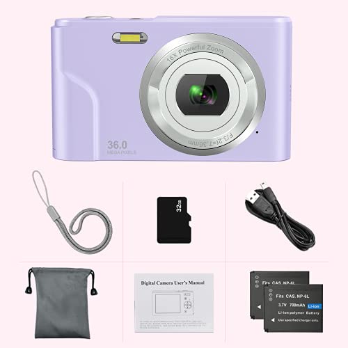 Digital Camera for Kids Boys and Girls - 36MP Children's Camera with 32GB SD Card,Full HD 1080P Rechargeable Electronic Mini Camera for Students, Teens, Kids(Purple)