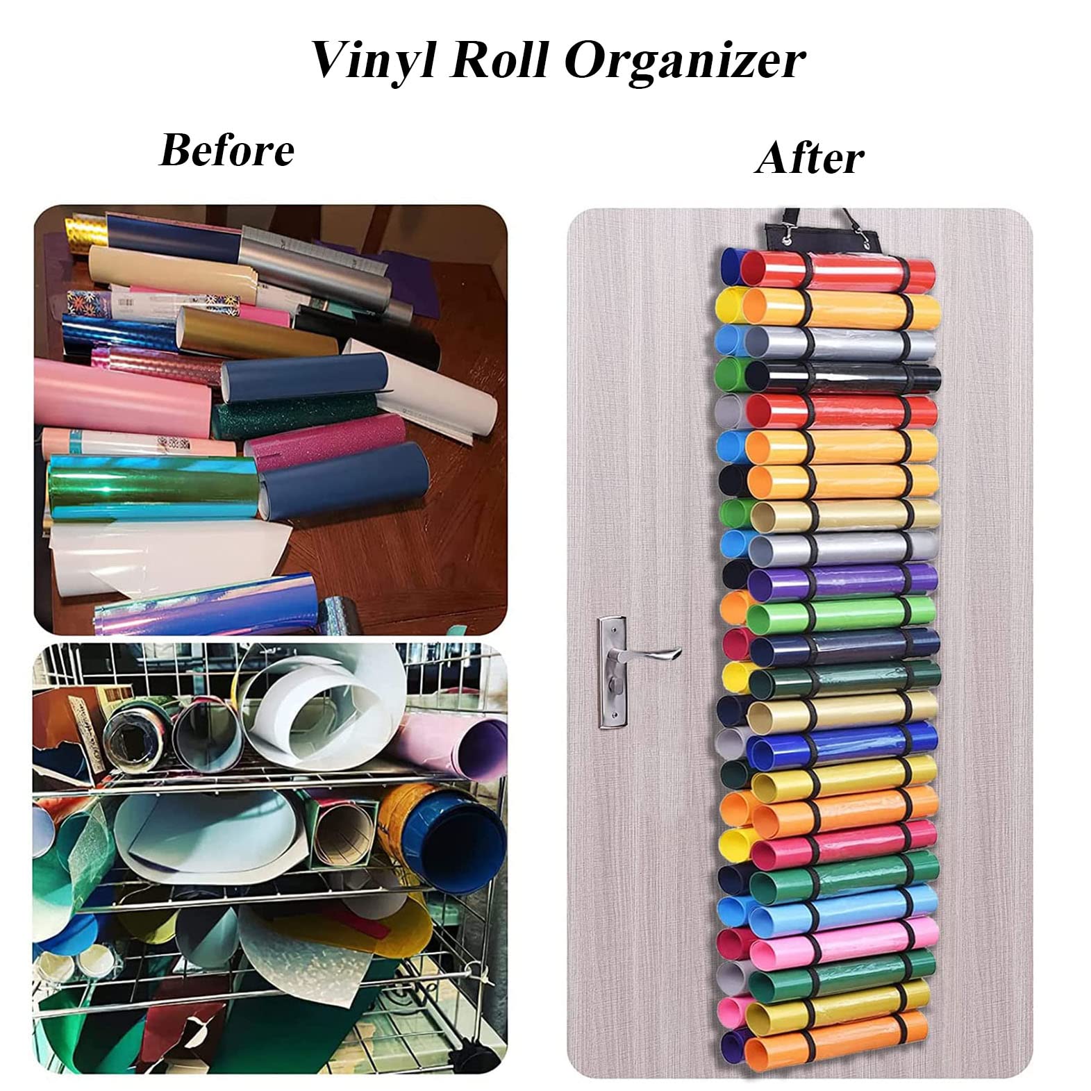 Loloka 2 Packs Vinyl Storage Organizer with 48 Compartment, Vinyl Roll Holder, Vinyl Storage Rack with 2 Hooks, Hanging Organizer Storage with 96 Roll Compartments (Black,96)
