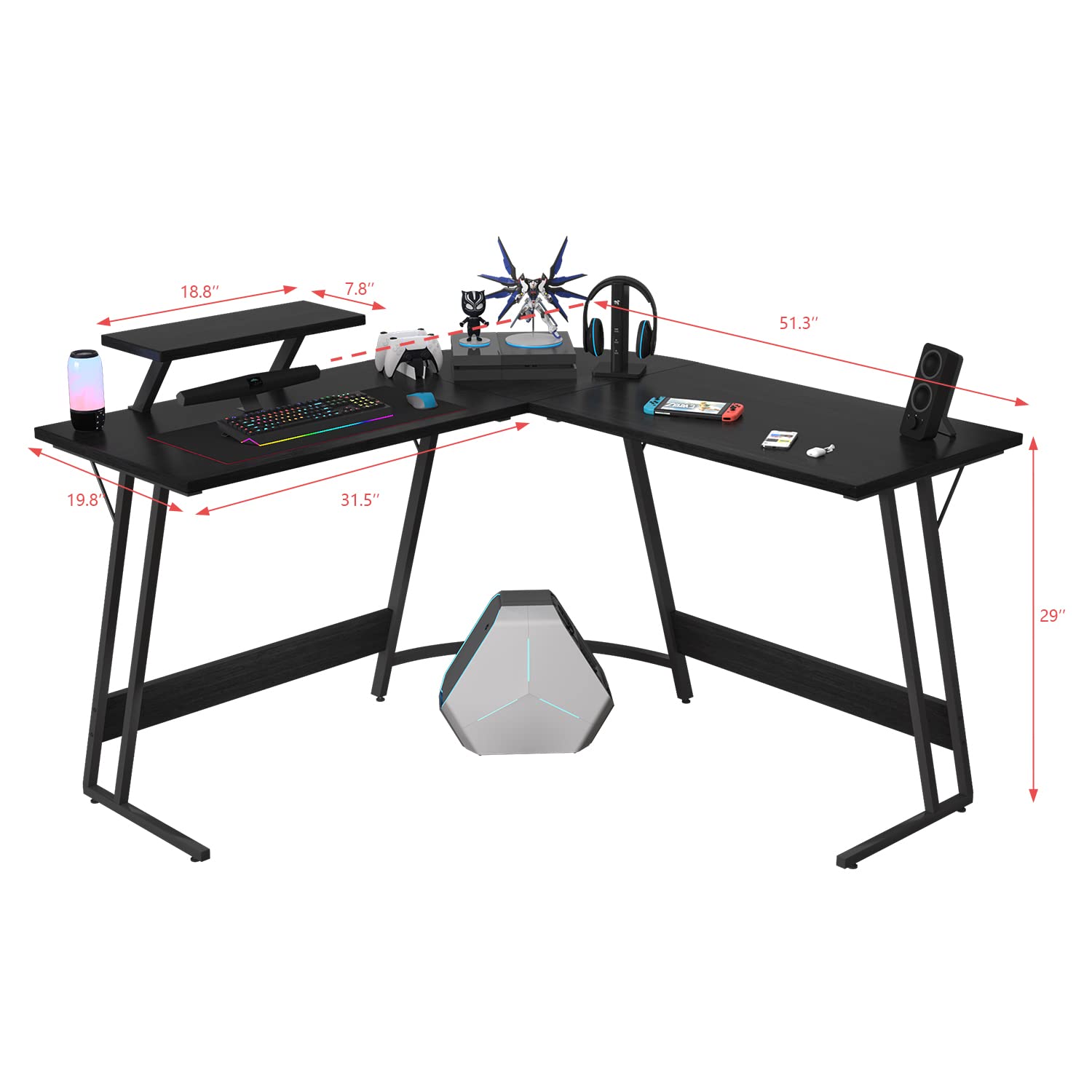Homall L Shaped Gaming Desk Computer Corner Desk PC Gaming Desk Table with Large Monitor Riser Stand for Home Office Sturdy Writing Workstation (Classical Black, 51 Inch)