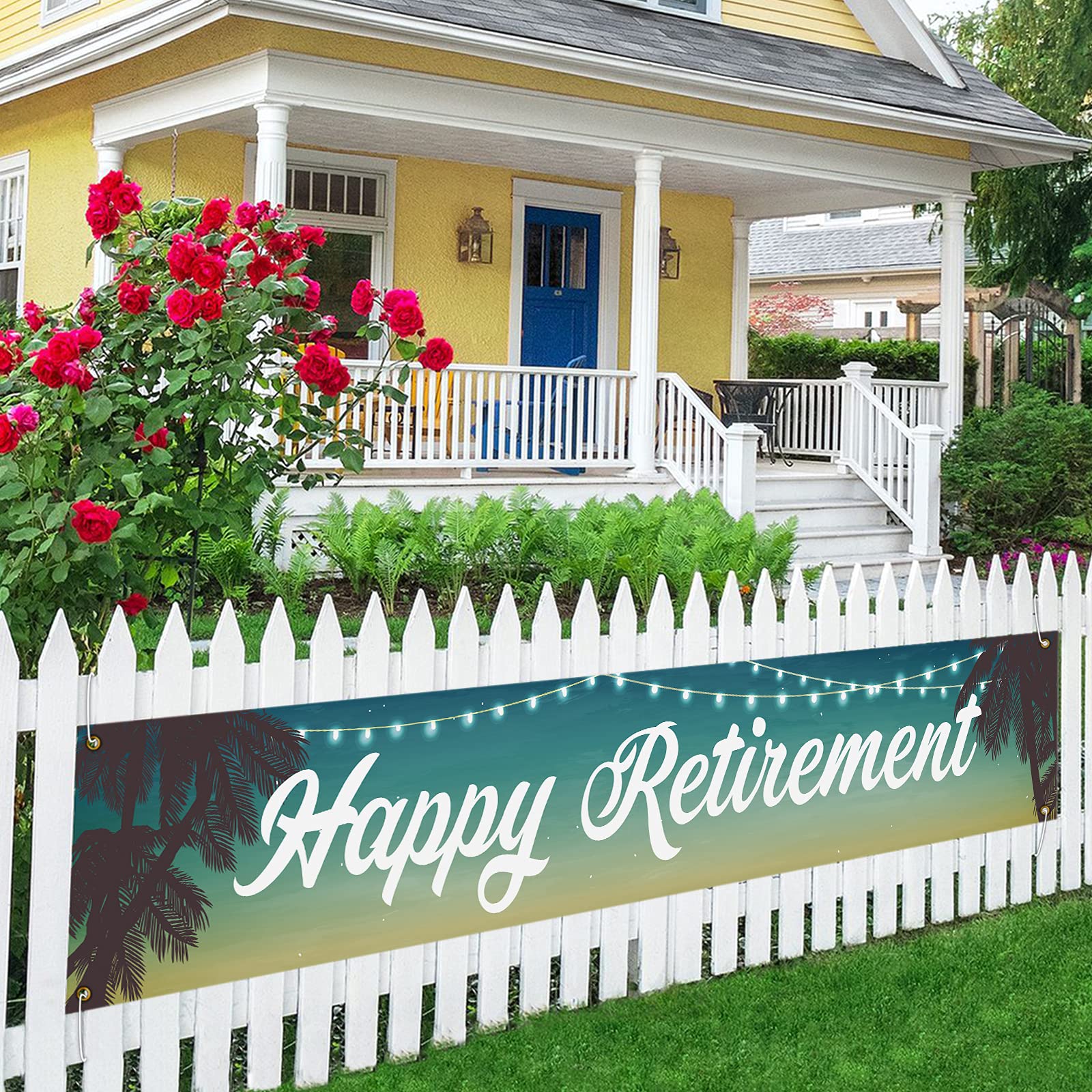 Large Happy Retirement Banner, Officially Retired Yard Sign Lawn Sign, Coconut Tree Retirement Party Outdoor Indoor Backdrop 9.8 x 1.6 Feet