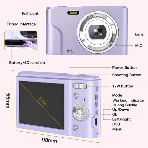 Digital Camera for Kids Boys and Girls - 36MP Children's Camera with 32GB SD Card,Full HD 1080P Rechargeable Electronic Mini Camera for Students, Teens, Kids(Purple)