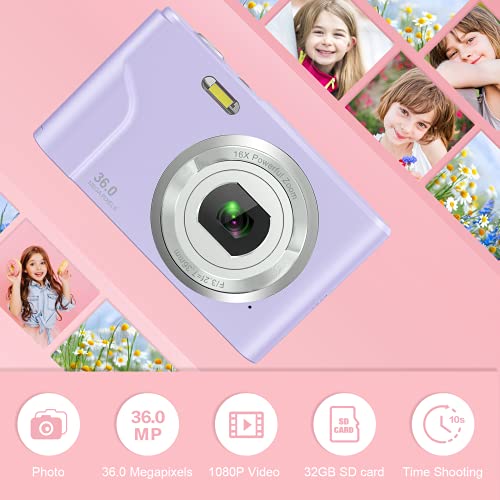 Digital Camera for Kids Boys and Girls - 36MP Children's Camera with 32GB SD Card,Full HD 1080P Rechargeable Electronic Mini Camera for Students, Teens, Kids(Purple)