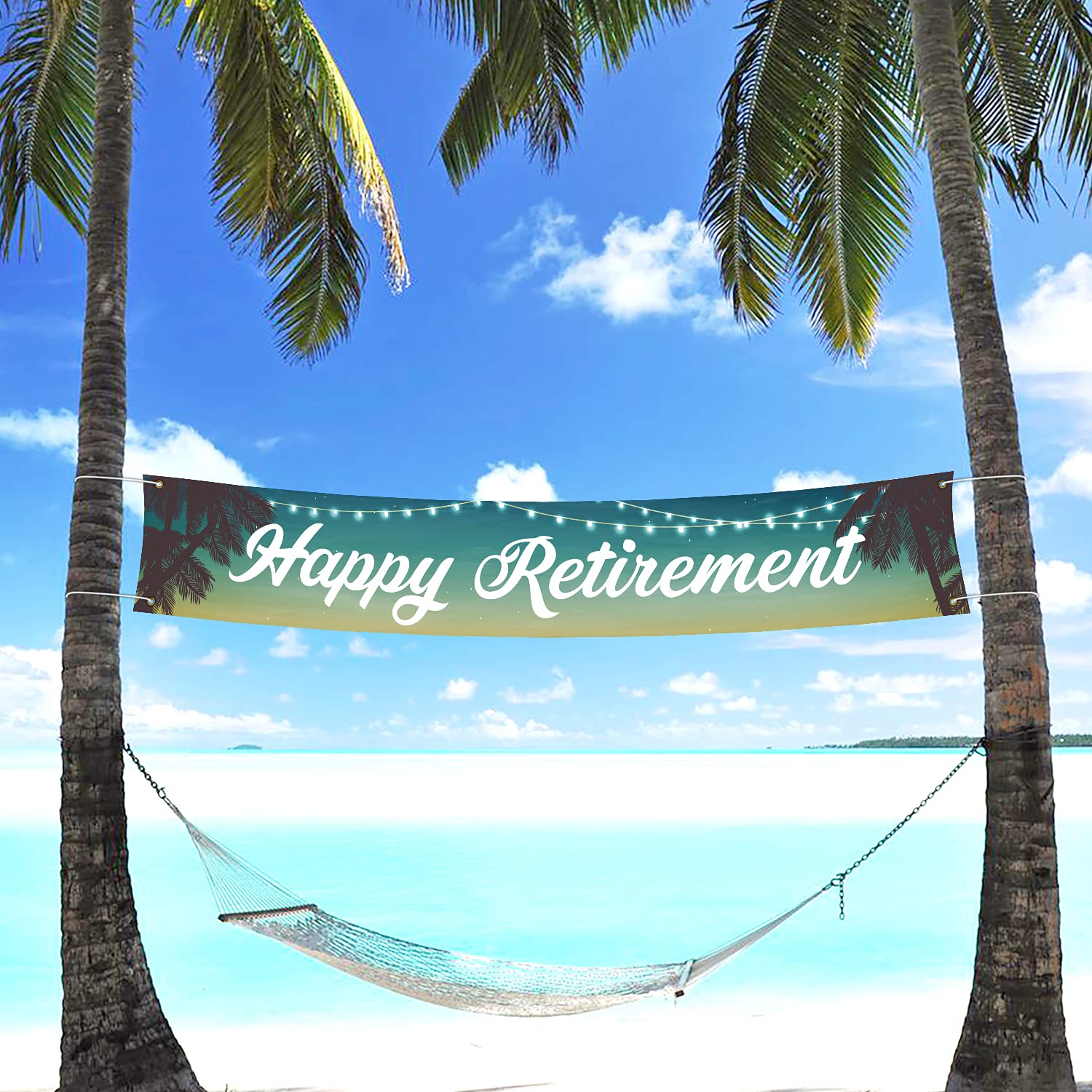 Large Happy Retirement Banner, Officially Retired Yard Sign Lawn Sign, Coconut Tree Retirement Party Outdoor Indoor Backdrop 9.8 x 1.6 Feet