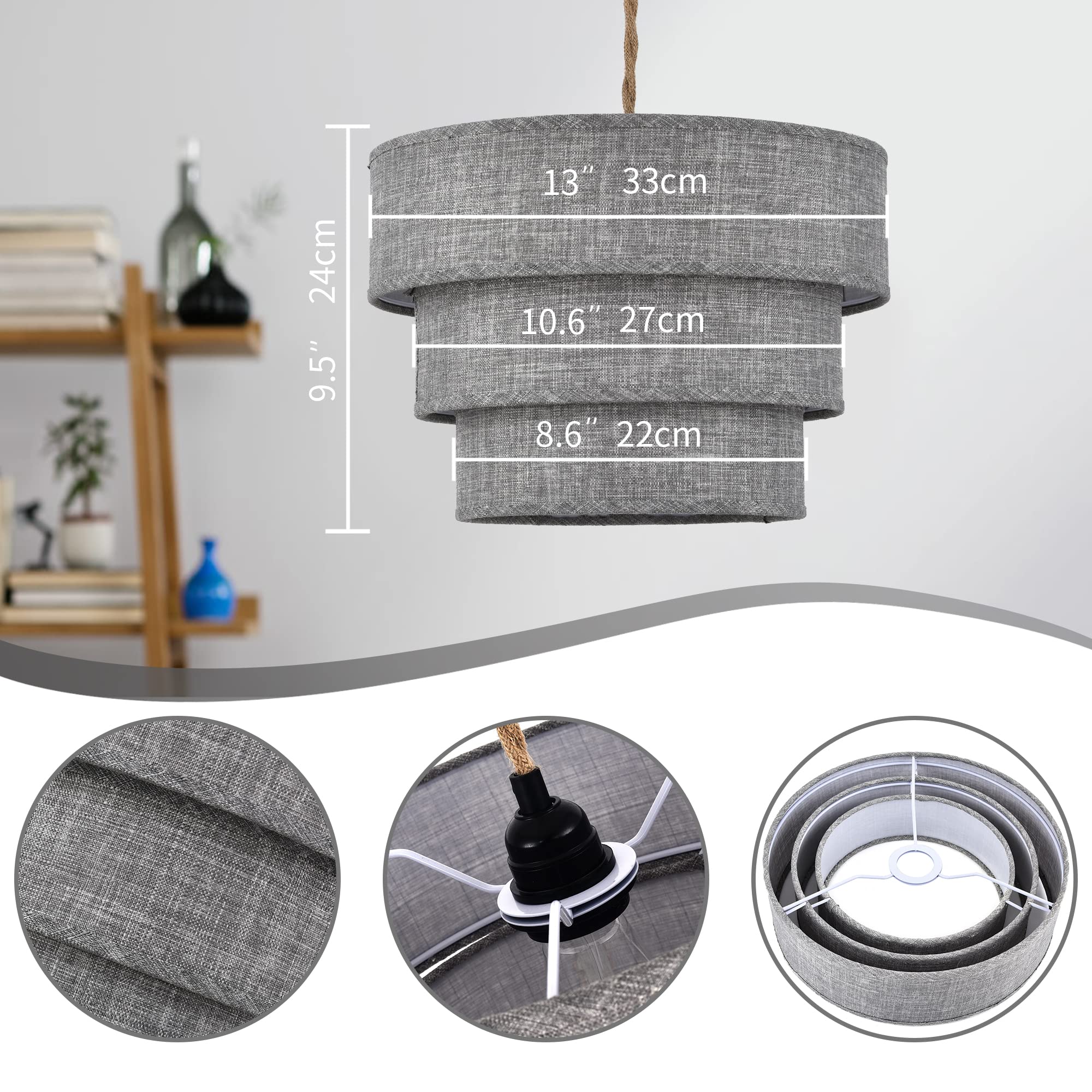 XININSUN 3-Tier Drum Plug in Pendant Light,Hanging Lamp with Dimmable Switch 15ft Hemp Rope Cord, Hanging Lights Fixture with Plug in Cord Plug in Chandelier for Bedroom Dining Room Entryway...