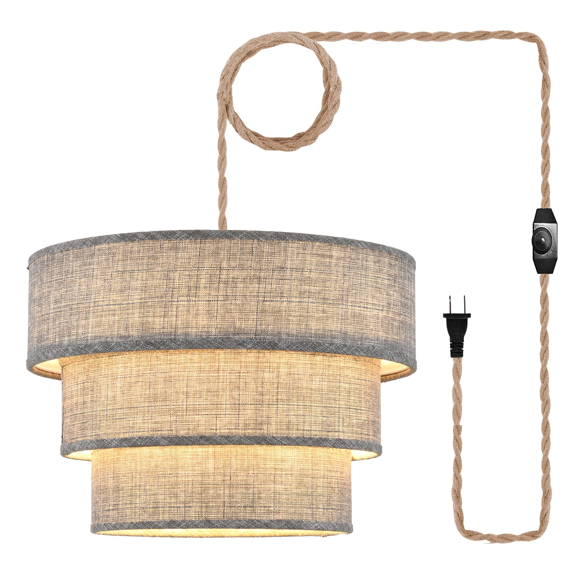 XININSUN 3-Tier Drum Plug in Pendant Light,Hanging Lamp with Dimmable Switch 15ft Hemp Rope Cord, Hanging Lights Fixture with Plug in Cord Plug in Chandelier for Bedroom Dining Room Entryway...