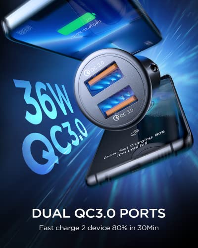 Fast Car Charger Adapter, 36W Super Mini AINOPE USB Car Charger Fast Charging [with 3.3ft USB C Cable] Dual QC3.0 All Metal Phone Charger Car Compatible with S21/S20/S10/S9, iPhone 13/12/11 pro/X/8