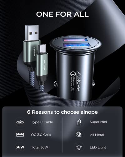 Fast Car Charger Adapter, 36W Super Mini AINOPE USB Car Charger Fast Charging [with 3.3ft USB C Cable] Dual QC3.0 All Metal Phone Charger Car Compatible with S21/S20/S10/S9, iPhone 13/12/11 pro/X/8