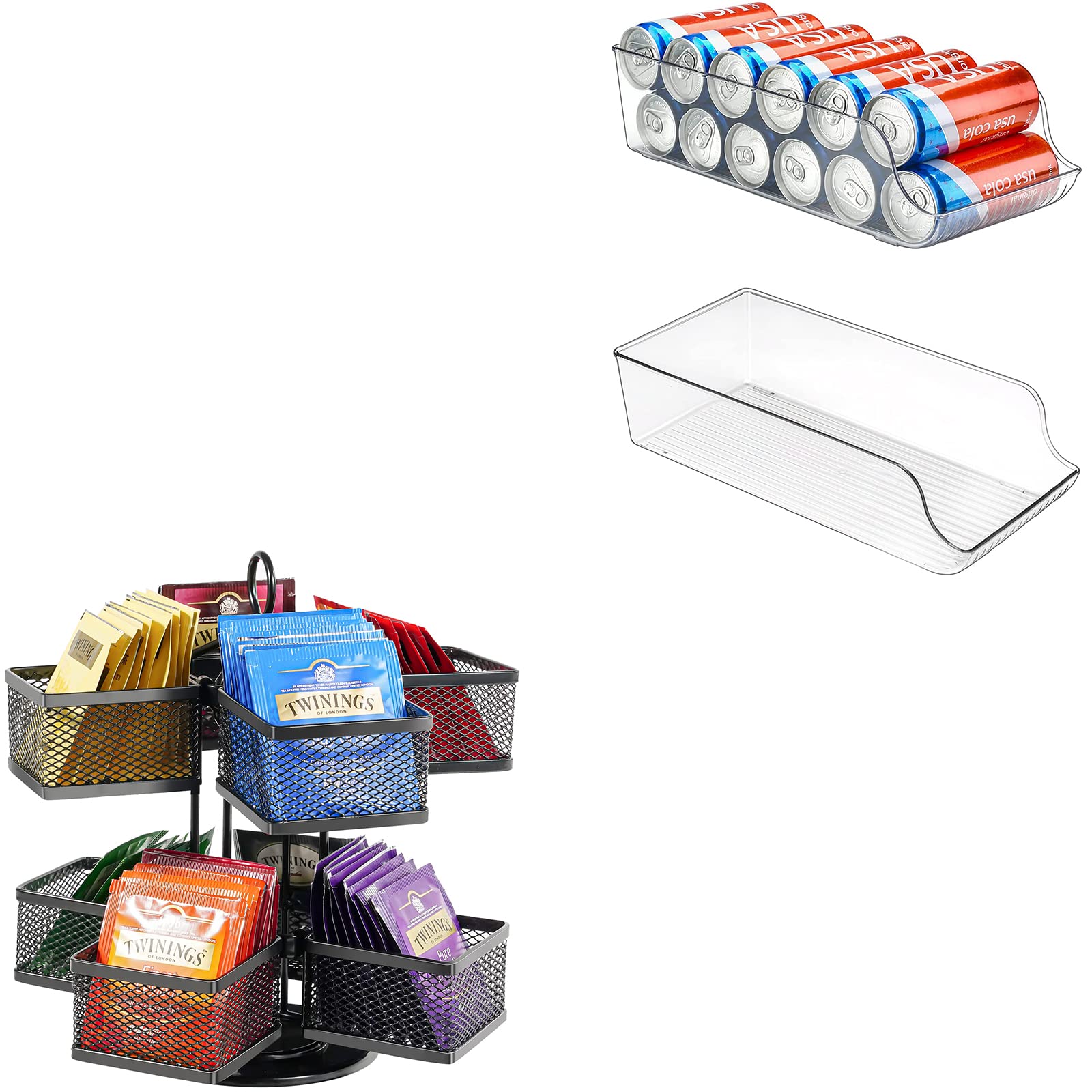 Puricon 2 Pack Skinny Can Drink Dispenser Organizer for Refrigerator Bundle with Tea Bag Organizer Storage Holder 360-Degrees Spinning Carousel