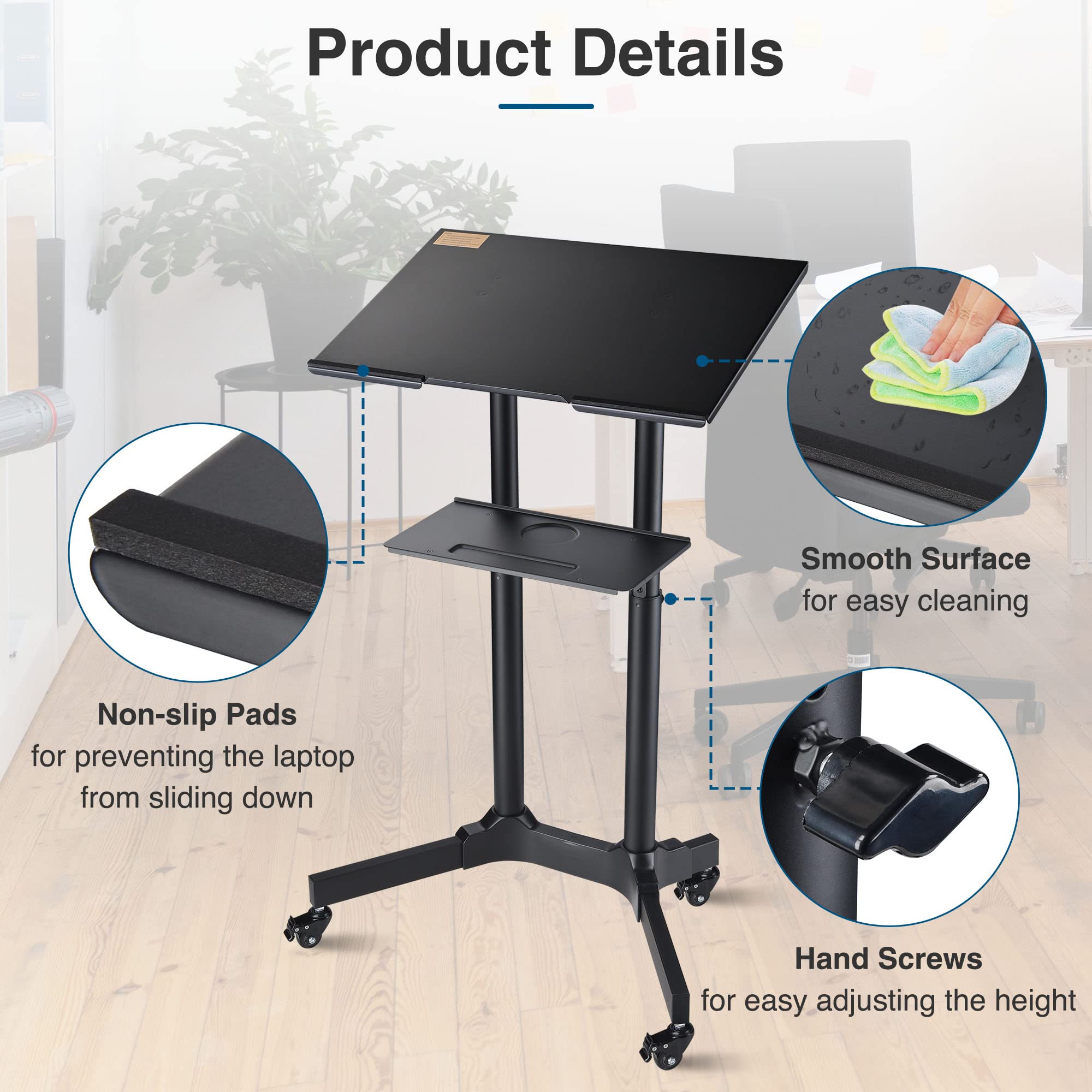 Yescom Mobile Podium Portable Rolling Lecterns Standing Laptop Cart Desk with Storage Tray Height Adjustable Classroom Home Office