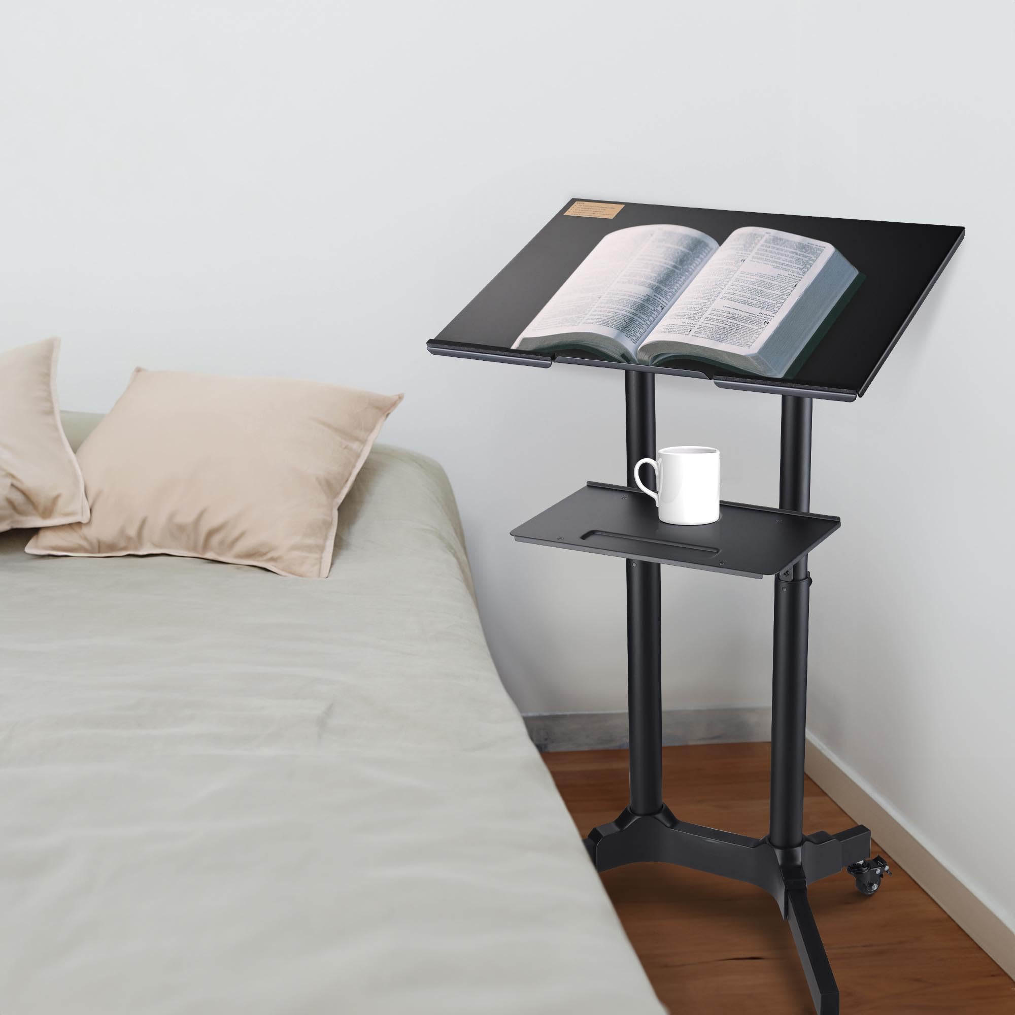 Yescom Mobile Podium Portable Rolling Lecterns Standing Laptop Cart Desk with Storage Tray Height Adjustable Classroom Home Office