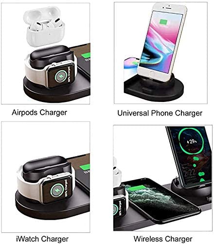 6 in 1 Wireless Charger Charging Dock Station for iPhone 14/13/12/11/Pro/Pro Max/XS Max/XR/X/8, iWatch Ultra/8/7/6/5/4/3/2/SE, AirPods Pro/3/2 Nightstand Mode Simultaneous Charging（Black）
