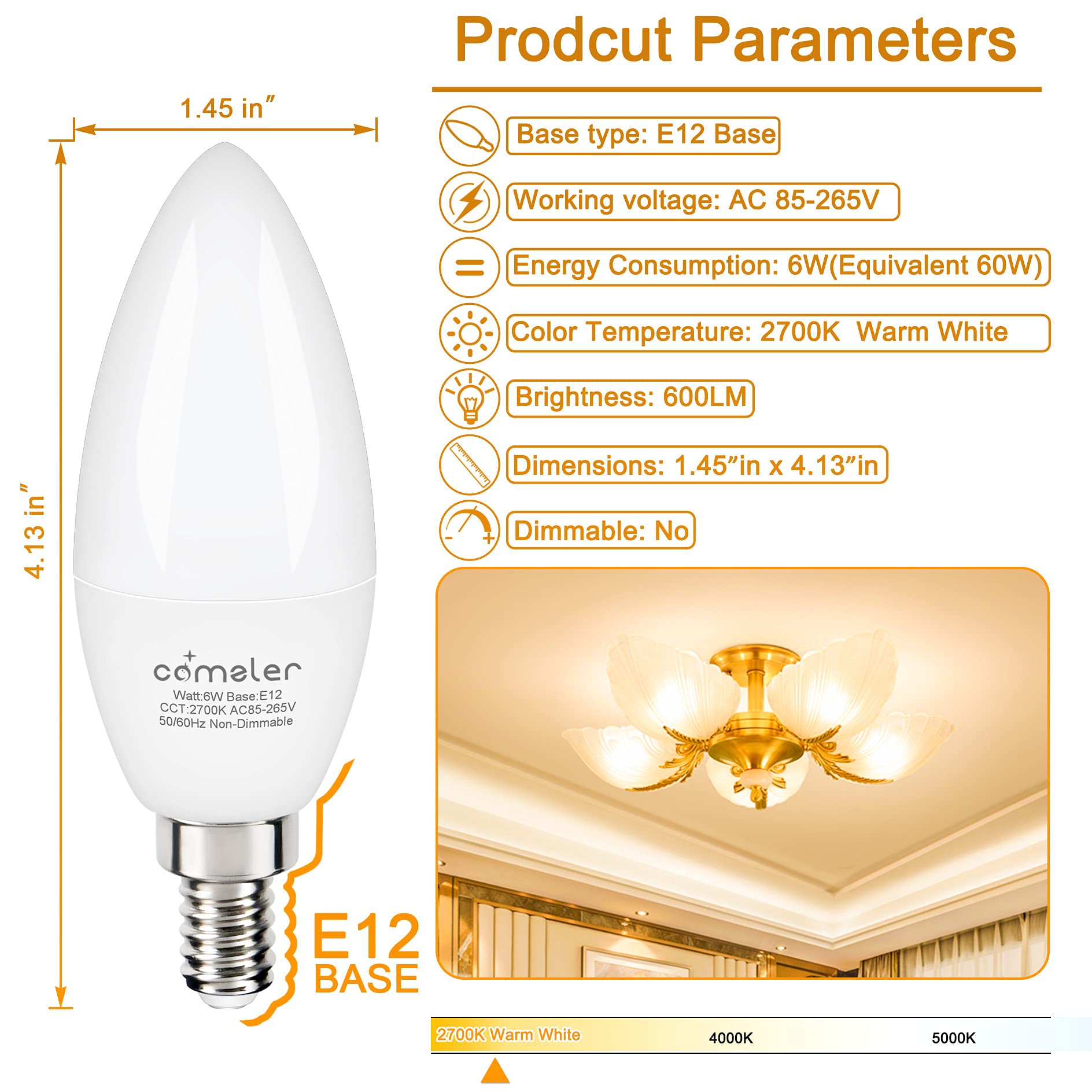comzler E12 Led Bulb, Small LED Candelabra Bulbs 60W Equivalent, Warm White 2700K Ceiling Fan Light Bulbs, Type B Shape Chandelier , Pack of 6, Non-Dimmable