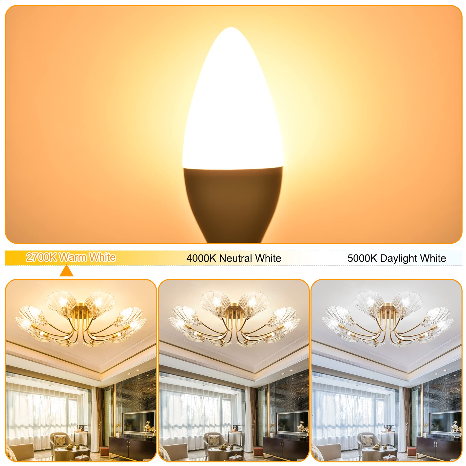 comzler E12 Led Bulb, Small LED Candelabra Bulbs 60W Equivalent, Warm White 2700K Ceiling Fan Light Bulbs, Type B Shape Chandelier , Pack of 6, Non-Dimmable