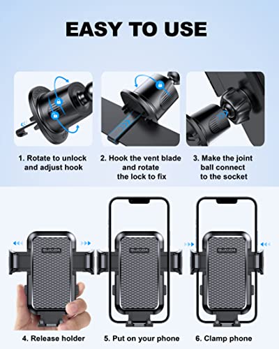 Car Phone Mount Vent Clip, Car Phone Holder Mount 360° Rotation, Adjustable Clip, Big Phone & Thick Case Friendly, Compatibility Fit for All 4"-7" Smartphone, Cell Phone Automobile Cradles Universal