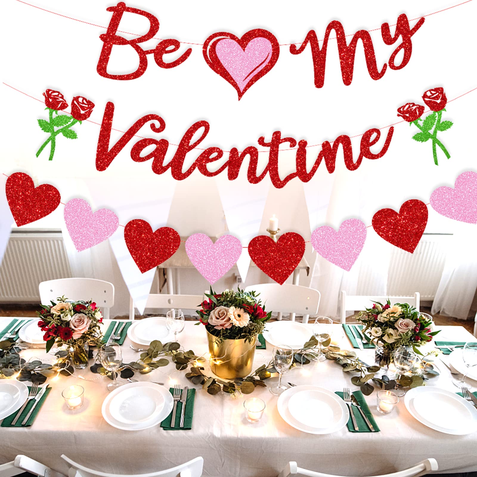 Valentines Day Banner-Be My Lover Valentines Banner Heart Garland Felt Rose Banner Hanging Garland NO DIY for Valentines Decorations, Anniversary, Mantle, Room Decor (Red, Pink)