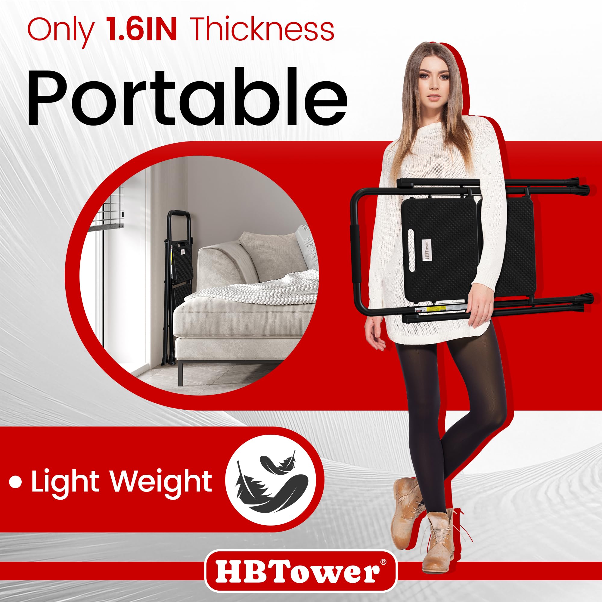 HBTower 2 Step Ladder, Folding Step Stool with Wide Anti-Slip Pedal, Sturdy Steel Ladder, Convenient Handgrip, Lightweight 500lbs Portable Steel Step Stool, Black