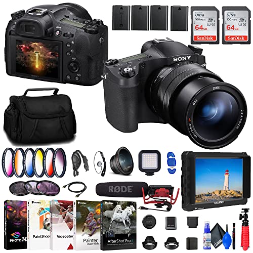 Sony Cyber-Shot DSC-RX10 IV Digital Camera (DSCRX10M4/B) + 4K Monitor + Rode VideoMic + Filter Kit + Wide Angle Lens + Telephoto Lens + Color Filter Kit + 2 x 64GB Card + 3 x NPF-W50 Battery + More