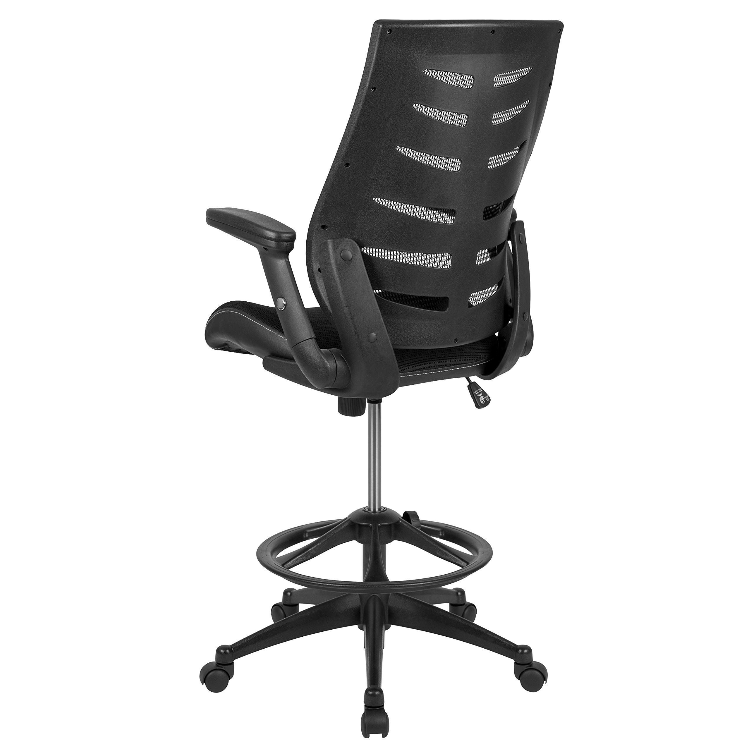 Flash Furniture High Back Black Mesh Spine-Back Ergonomic Drafting Chair with Adjustable Foot Ring and Adjustable Flip-Up Arms