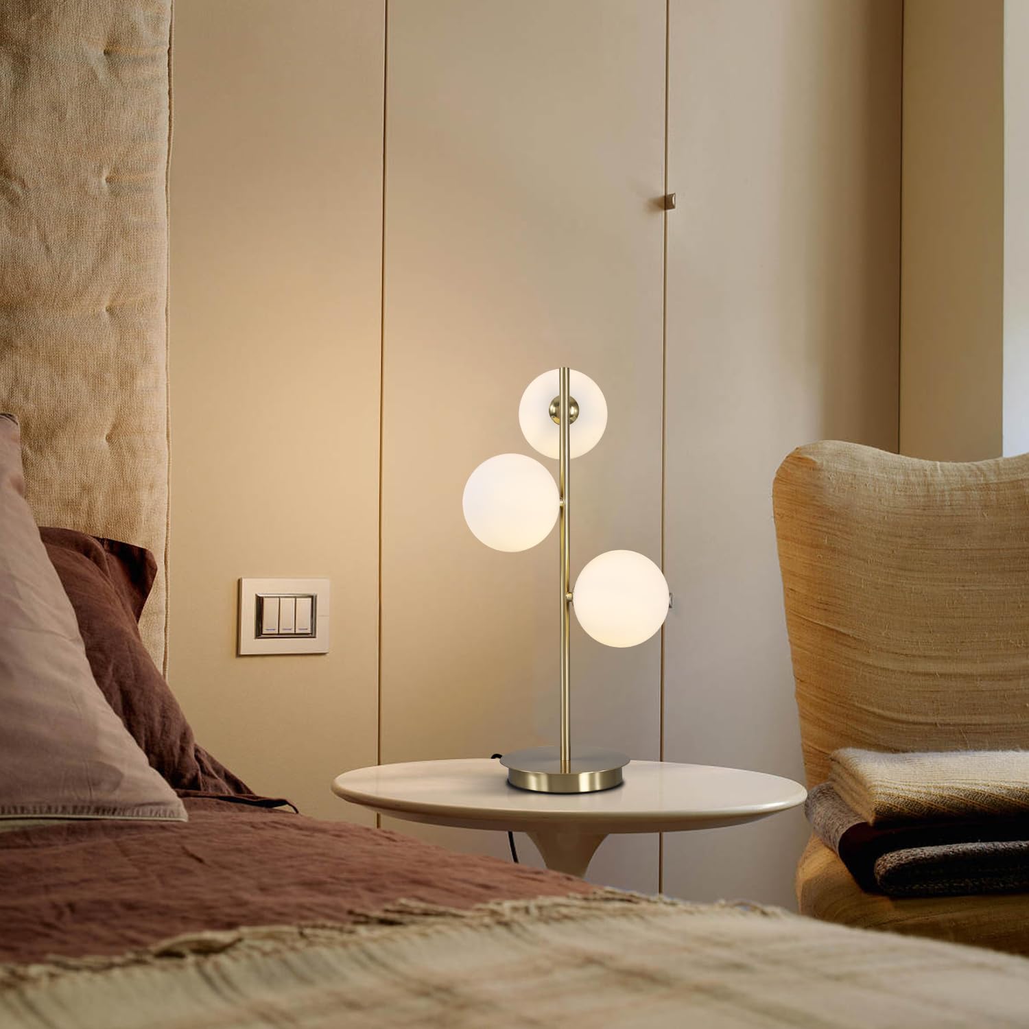 Fulesi Mid Century Globe Table Lamp Modern 3 Lights Gold Desk Lamp Contemporary White Glass Globe Reading Lamp for Bedroom Living Room Study Room (White)
