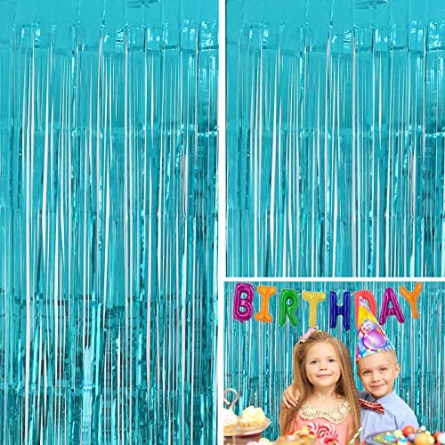 Moohome 2 Pack 3ft x 8ft Aquamarine Blue Foil Curtains Metallic Tinsel Fringe Curtains Shimmer Door Window Curtain Backdrop for Birthday Wedding Bridal Shower Photo Booth Party Decorations