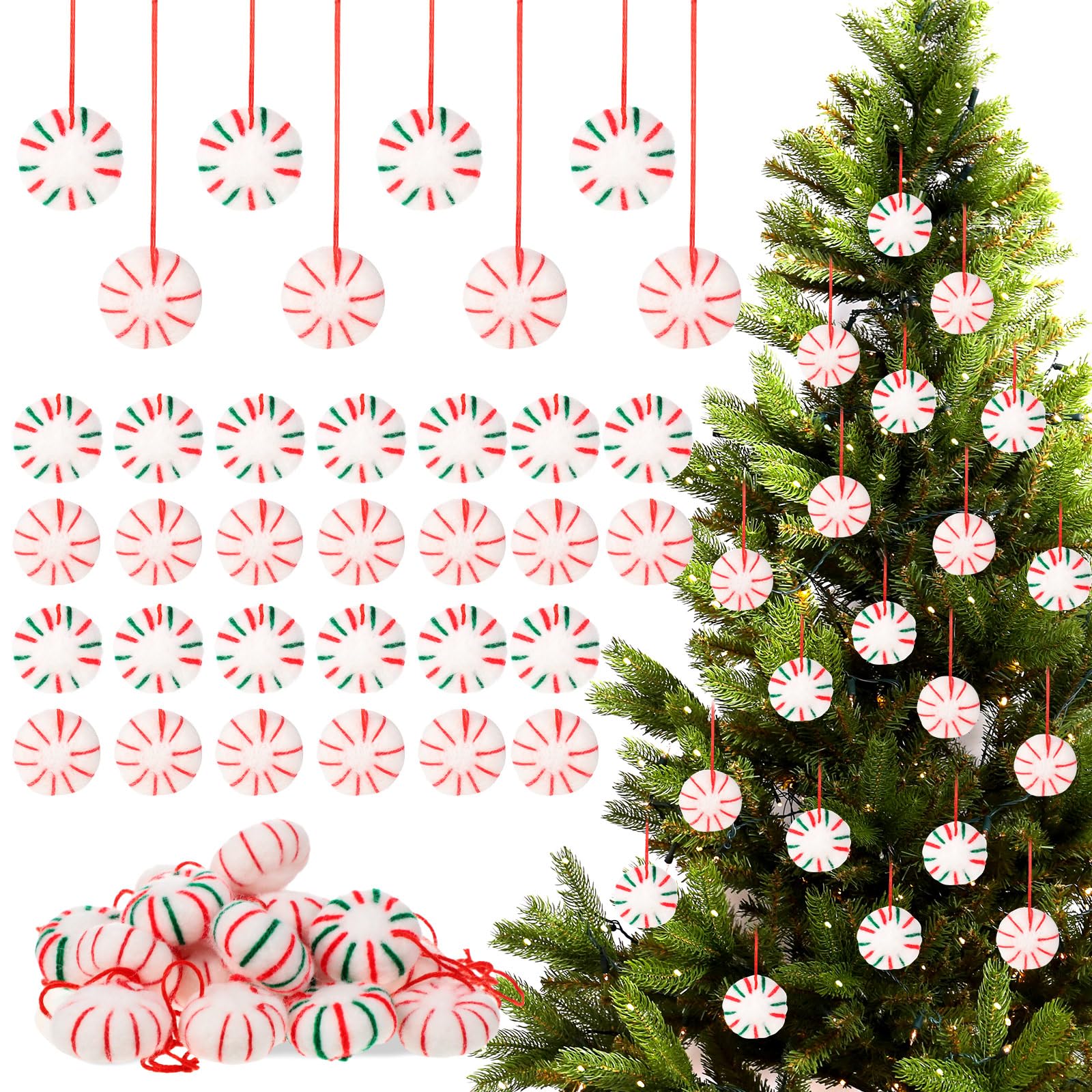 Yuxung 24 Pieces Christmas Peppermint Felt Ornaments Christmas Tree Hanging Peppermint Candy Mini Decorations for Home Party Favors Crafts Holiday Winter