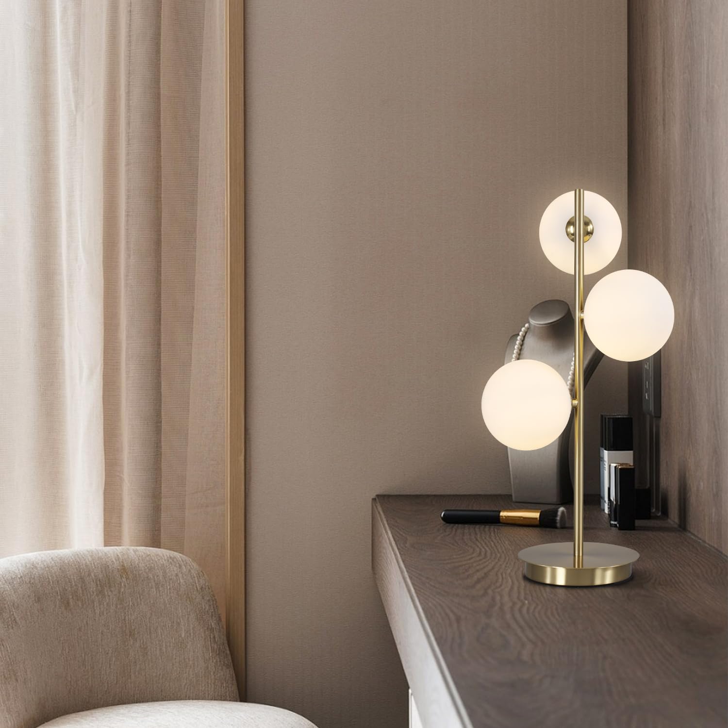 Fulesi Mid Century Globe Table Lamp Modern 3 Lights Gold Desk Lamp Contemporary White Glass Globe Reading Lamp for Bedroom Living Room Study Room (White)