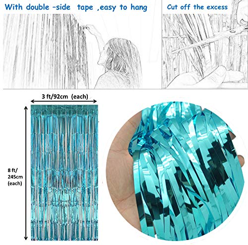 Moohome 2 Pack 3ft x 8ft Aquamarine Blue Foil Curtains Metallic Tinsel Fringe Curtains Shimmer Door Window Curtain Backdrop for Birthday Wedding Bridal Shower Photo Booth Party Decorations