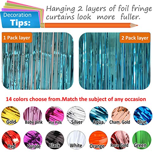 Moohome 2 Pack 3ft x 8ft Aquamarine Blue Foil Curtains Metallic Tinsel Fringe Curtains Shimmer Door Window Curtain Backdrop for Birthday Wedding Bridal Shower Photo Booth Party Decorations