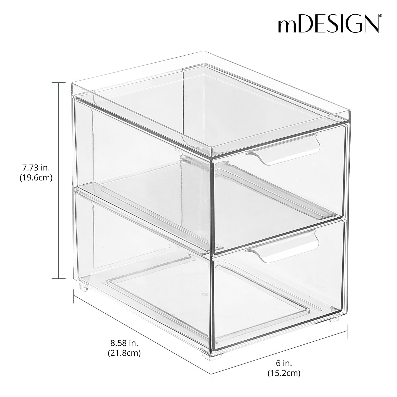 mDesign Stackable Storage Containers Box with 2 Pull-Out Drawers - Stacking Plastic Drawer Bins for Kitchen Pantry and Cupboard, Cabinet, Counter, Island and Tables - Lumiere Collection - Clear