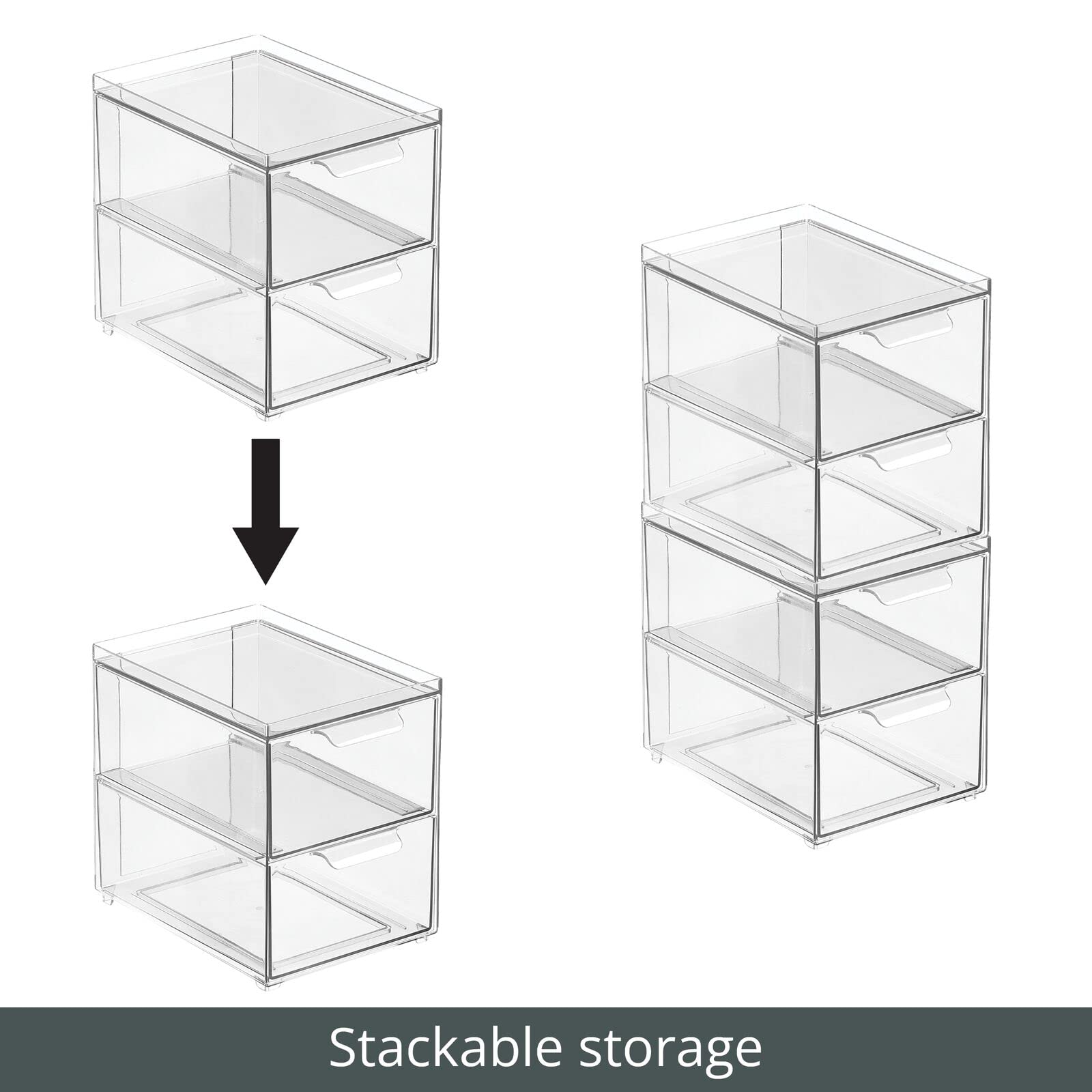 mDesign Stackable Storage Containers Box with 2 Pull-Out Drawers - Stacking Plastic Drawer Bins for Kitchen Pantry and Cupboard, Cabinet, Counter, Island and Tables - Lumiere Collection - Clear