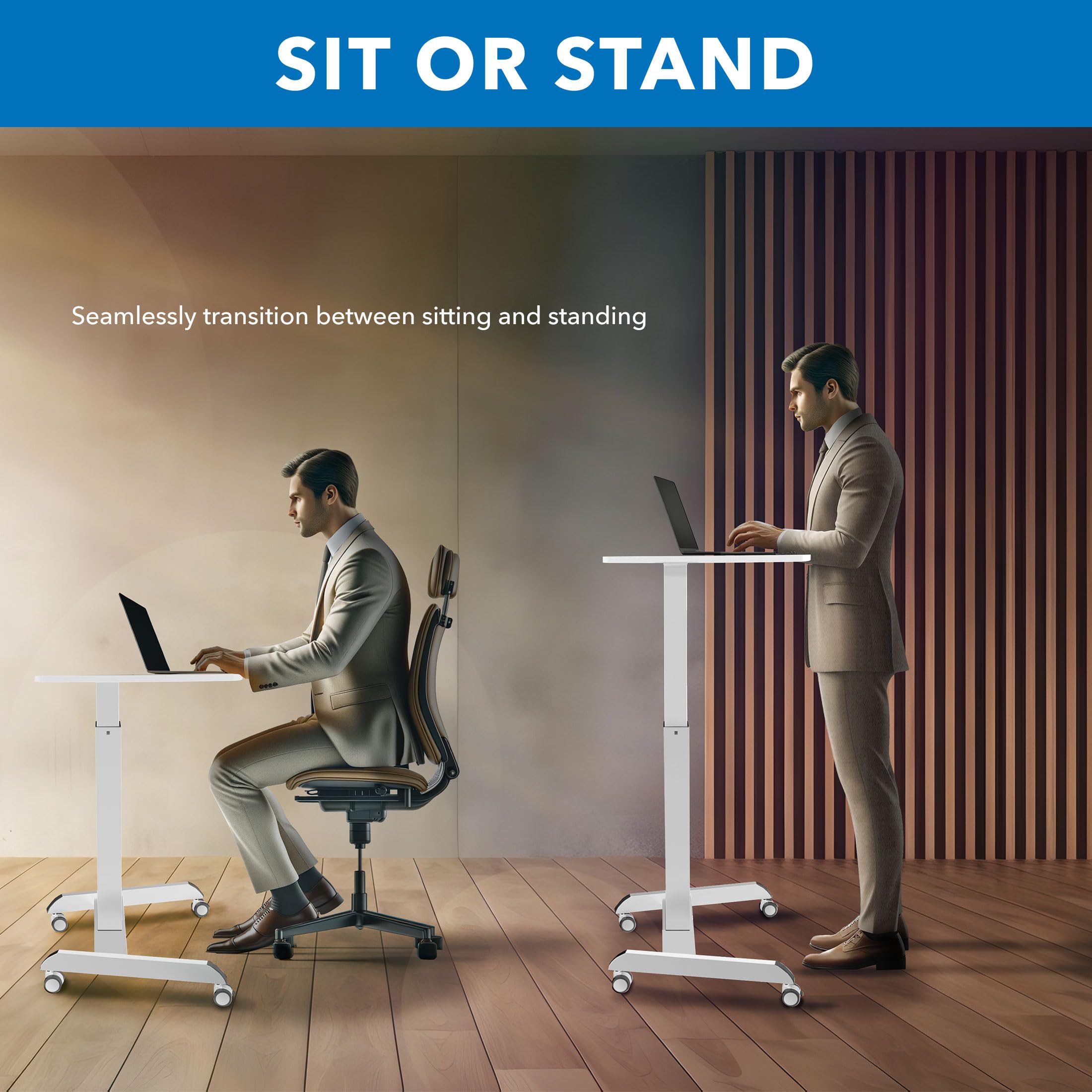 Mount-It! Standing Mobile Laptop Cart, Sit Stand Rolling Desk with Height Adjustable 31.1" x 20.5" Platform, Supports up to 17.6 lbs, White