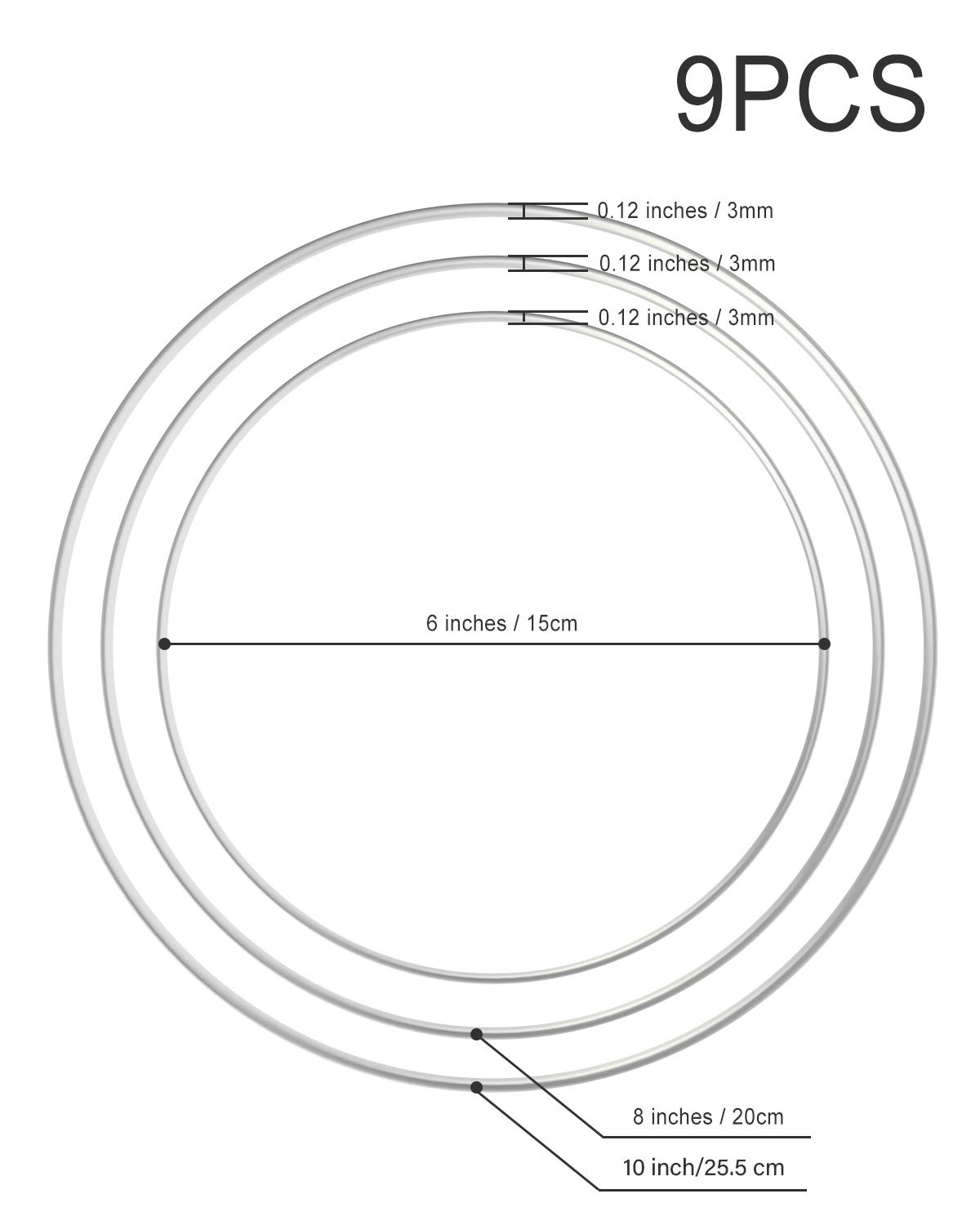 Sntieecr 9 PCS 3 Sizes Metal Floral Hoop Wreath Macrame Silver Hoop Rings for DIY Floral Macrame Hoop, Wedding Decorations, Dream Catcher and Wall Hanging Crafts (6 / 8 / 10 inch)