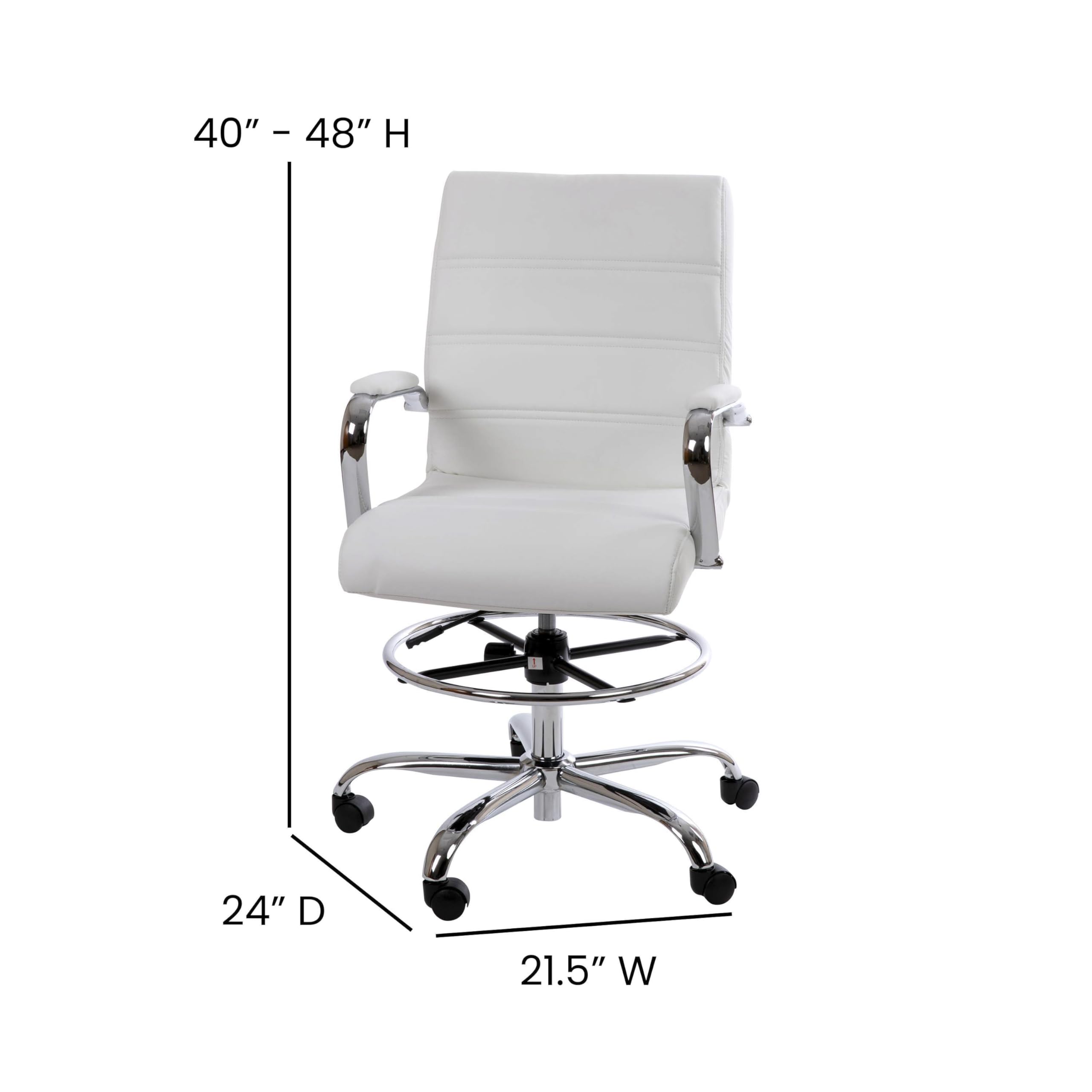 Flash Furniture Adjustable Height Drafting Chair - Contemporary Mid-Back White LeatherSoft Drafting Stool Chair - Adjustable Foot Ring & Chrome Base