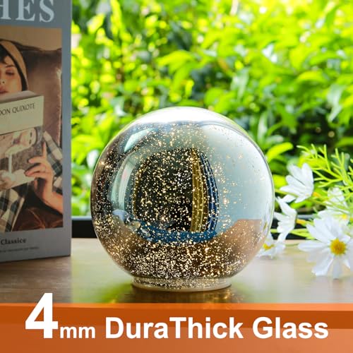 Lighted Mercury Glass Ball Table Lamp, Silver Cordless Glass Orb Christmas Decor Ball Led Light Globe, Modern Light Up Battery Operated Sphere Glass Night Light for Home Bedroom Indoor Decor, Large